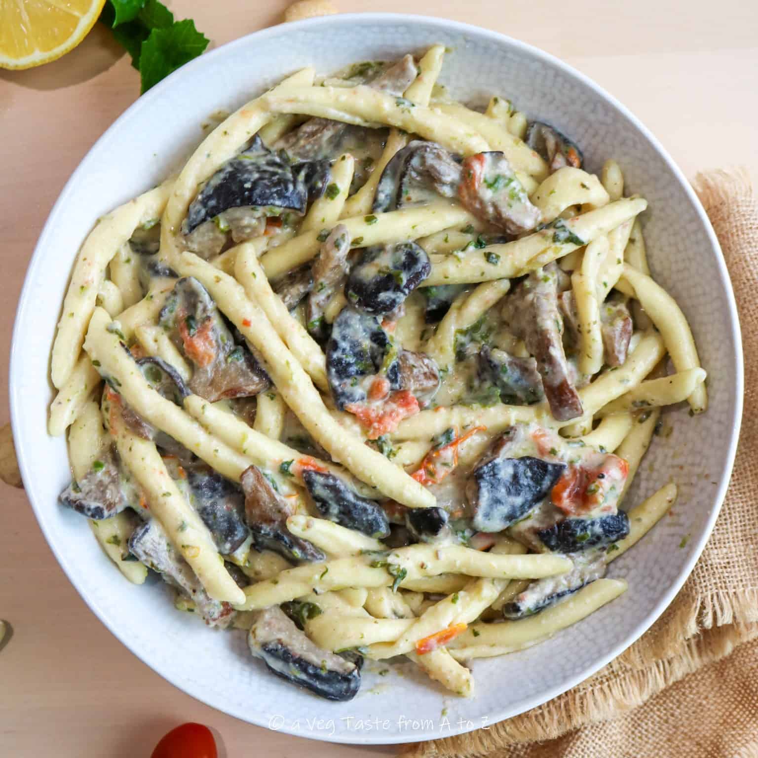 Pasta with Mushrooms, Tomatoes and Cashew Cream • a Veg Taste from A to Z